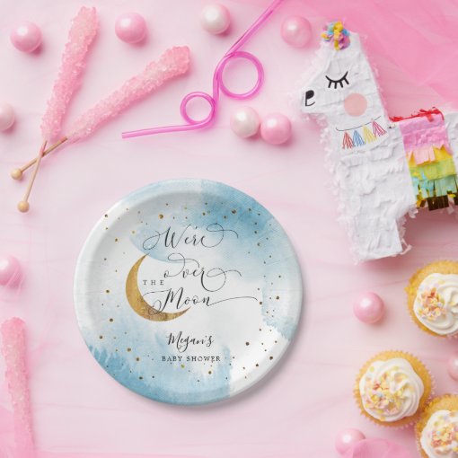 Blue Over the Moon Gold Stars Baby Shower Paper Plates | Zazzle