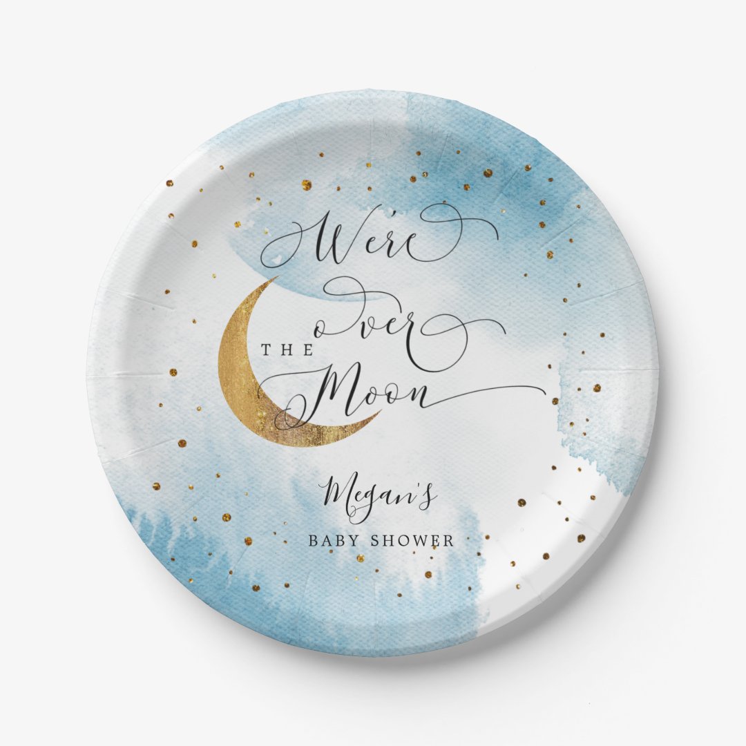 Blue Over the Moon Gold Stars Baby Shower Paper Plates | Zazzle
