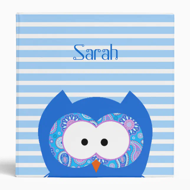 Blue Owl and Stripes Childrens Custom Binder | Zazzle
