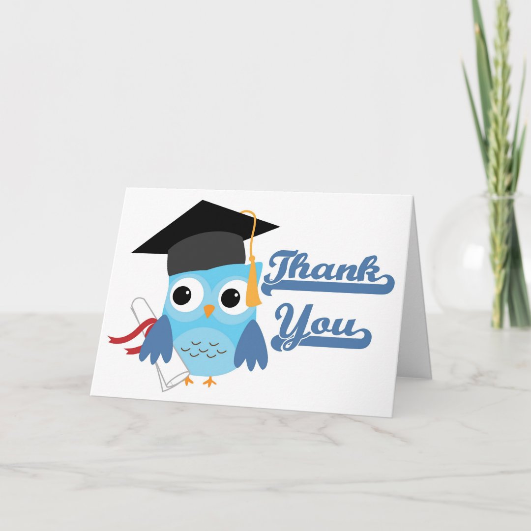 Blue Owl Cap & Diploma Graduation Thank You Card | Zazzle