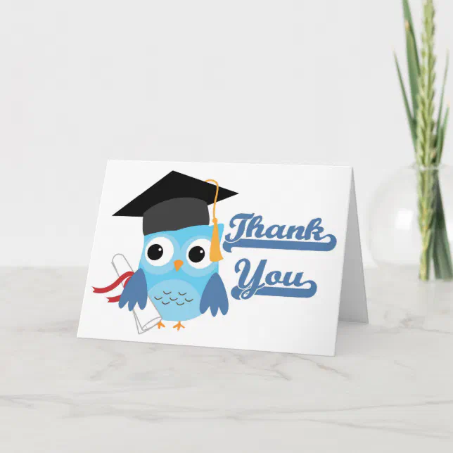 Blue Owl Cap & Diploma Graduation Thank You Card | Zazzle