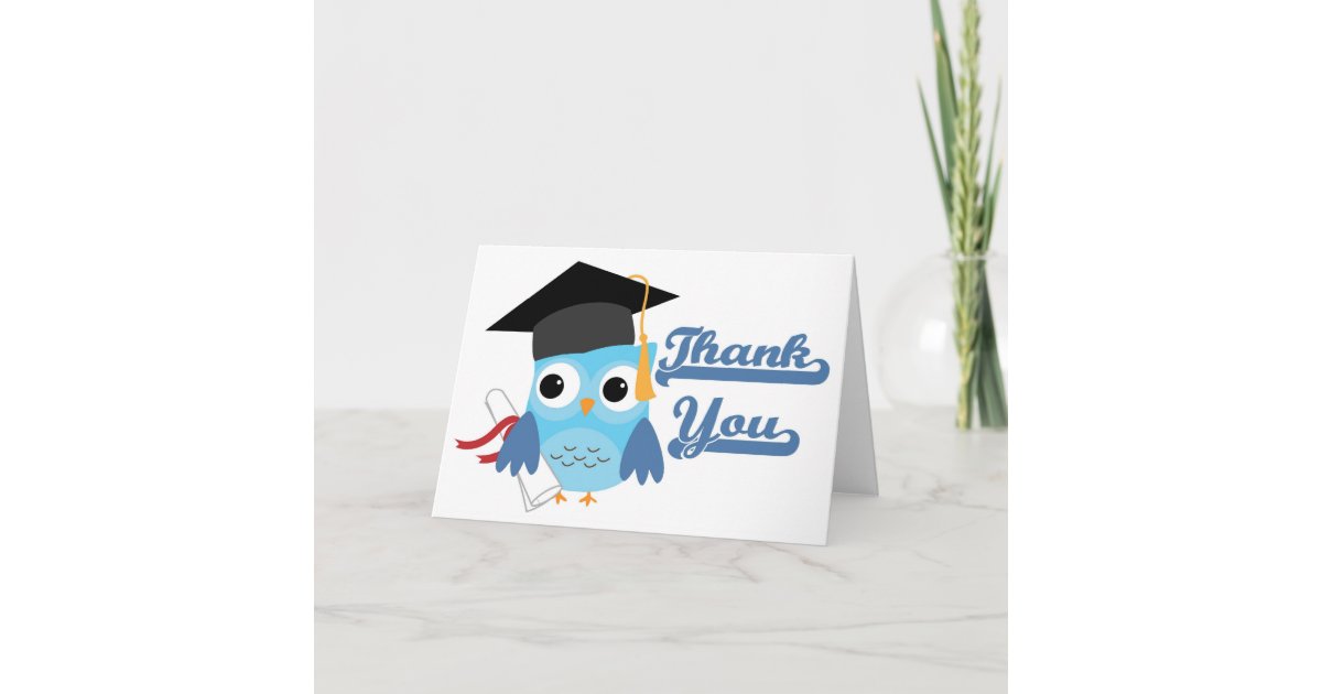 Blue Owl Cap & Diploma Graduation Thank You Card | Zazzle
