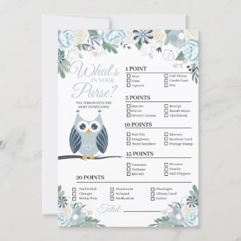 Blue Owl Floral What's In Your Purse Game Card | Zazzle