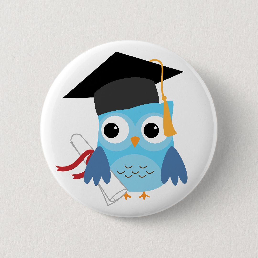 Blue Owl with Diploma Graduation Button | Zazzle
