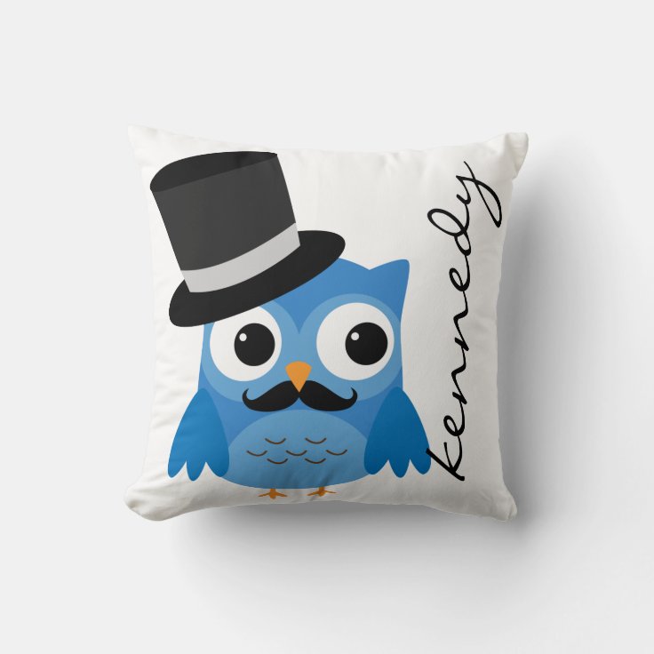 Blue Owl with Mustache and Top Hat Pillow | Zazzle