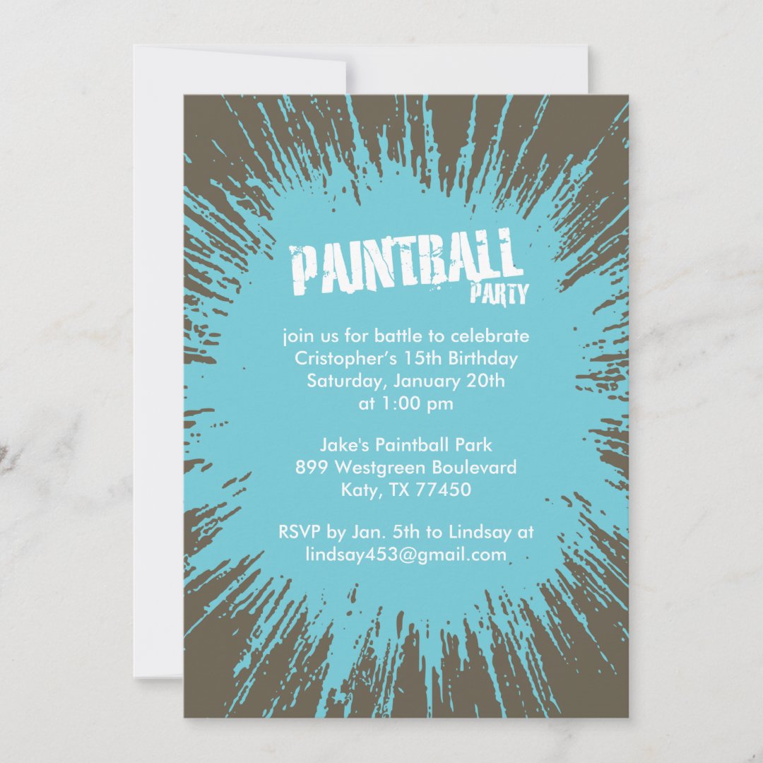Blue Paintball Splatter Party Invitations | Zazzle