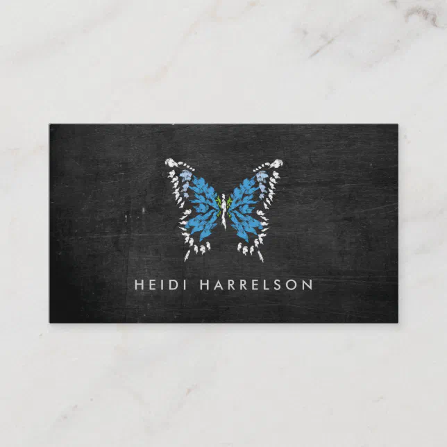 Blue Painted Butterfly Logo on Black Wood Business Card | Zazzle