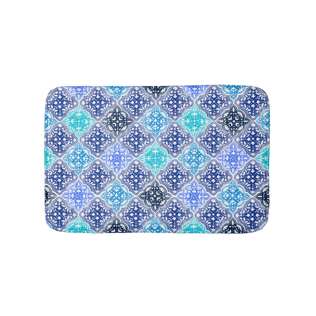 Blue Painted Moroccan Tile Pattern Bath Mat | Zazzle