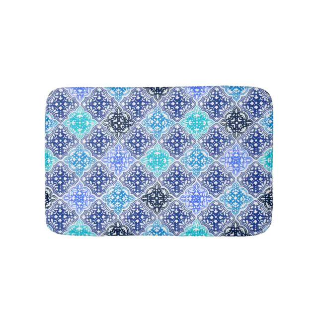 Blue Painted Moroccan Tile Pattern Bath Mat | Zazzle