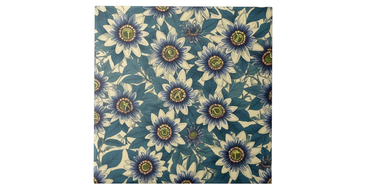 Blue Passion Flower pattern Ceramic Tile | Zazzle
