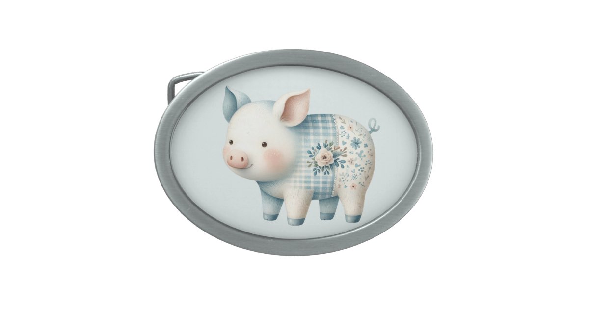 Blue Patchwork Pig Cottagecore Illustration Belt Buckle | Zazzle