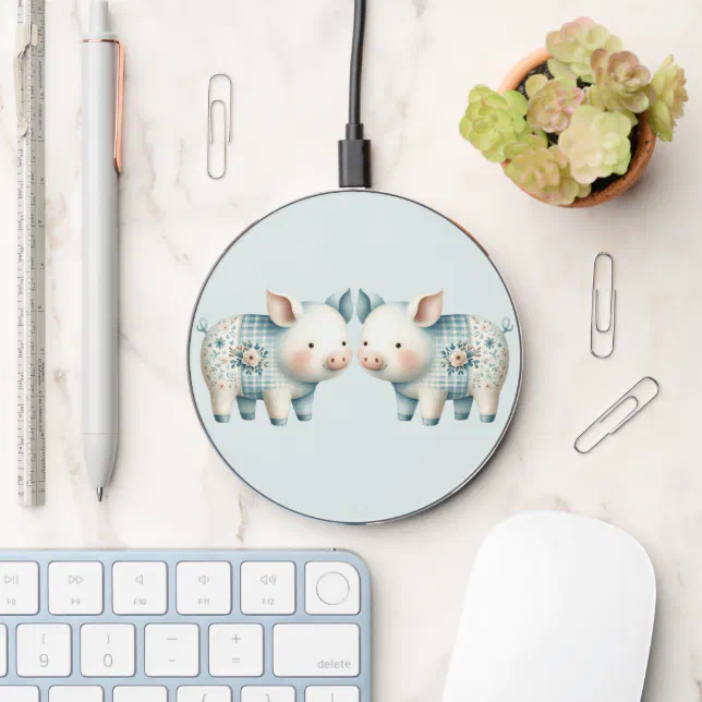 Blue Patchwork Pig Cottagecore Illustration Wireless Charger | Zazzle