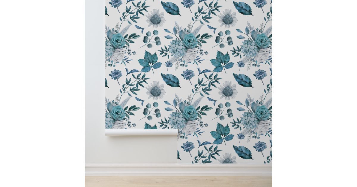 Blue pattern of flowers and leaves wallpaper | Zazzle