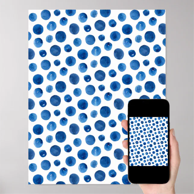 Blue pattern print. Watercolor navy polka dots Poster | Zazzle