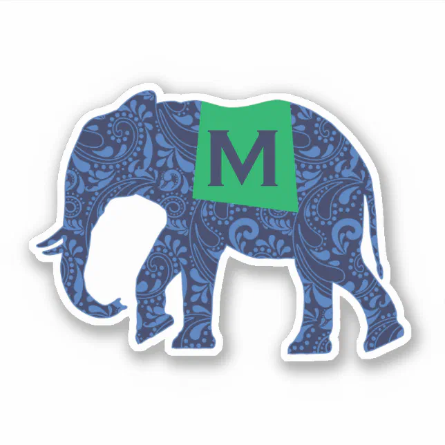Blue Patterned Elephant with Monogram Sticker | Zazzle