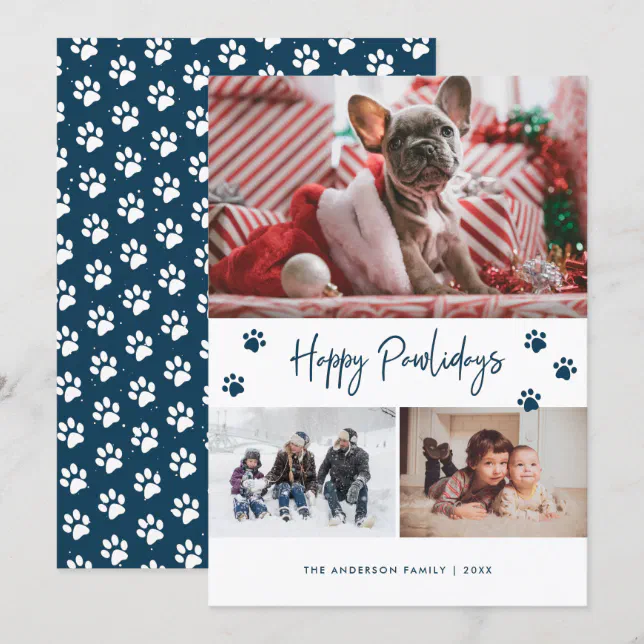 Blue Paw Print 3 Photo Collage Happy Pawlidays Pet Holiday Card | Zazzle
