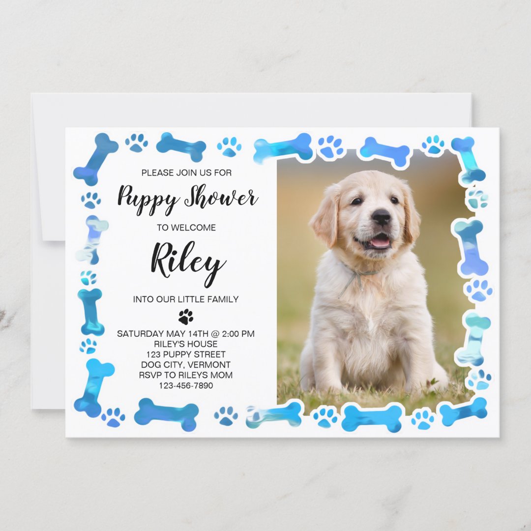 Blue Paw Prints Bones New Pet Dog Puppy Shower Invitation | Zazzle