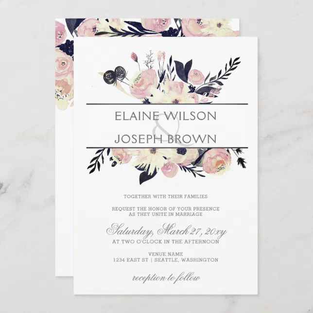 Blue & Peach Pink Floral Spring Wedding Invitation | Zazzle