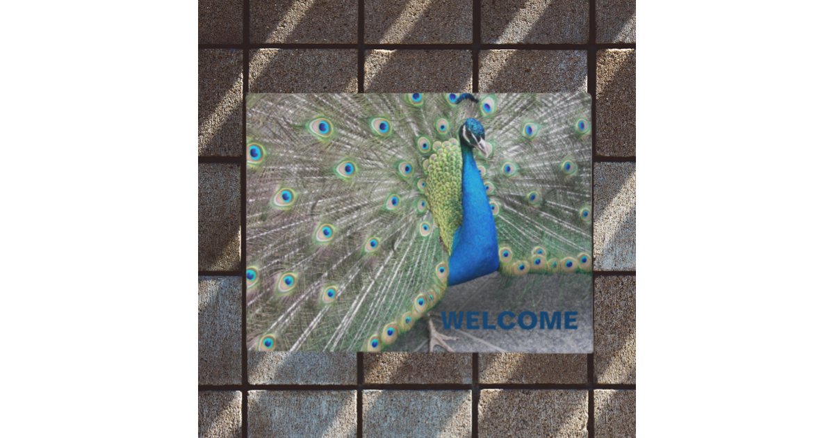 Blue Peacock Fantail Feathers Welcome Doormat | Zazzle