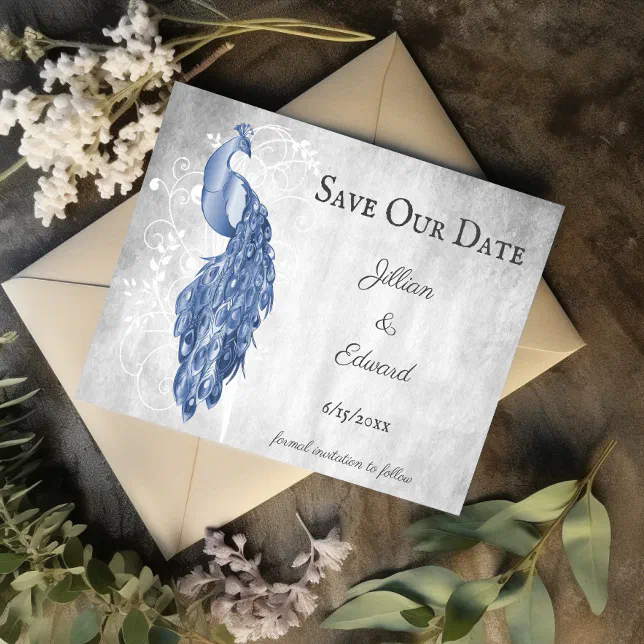 Blue Peacock Save The Date Announcement | Zazzle
