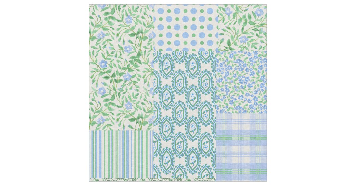 Blue Periwinkle Flowers Vintage Faux Patch Pattern Fabric | Zazzle