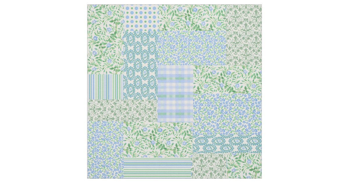 Blue Periwinkle Flowers Vintage Faux Patch Pattern Fabric | Zazzle