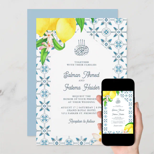 Blue Persian Mosaic Tile Lemon Islamic Wedding Invitation | Zazzle