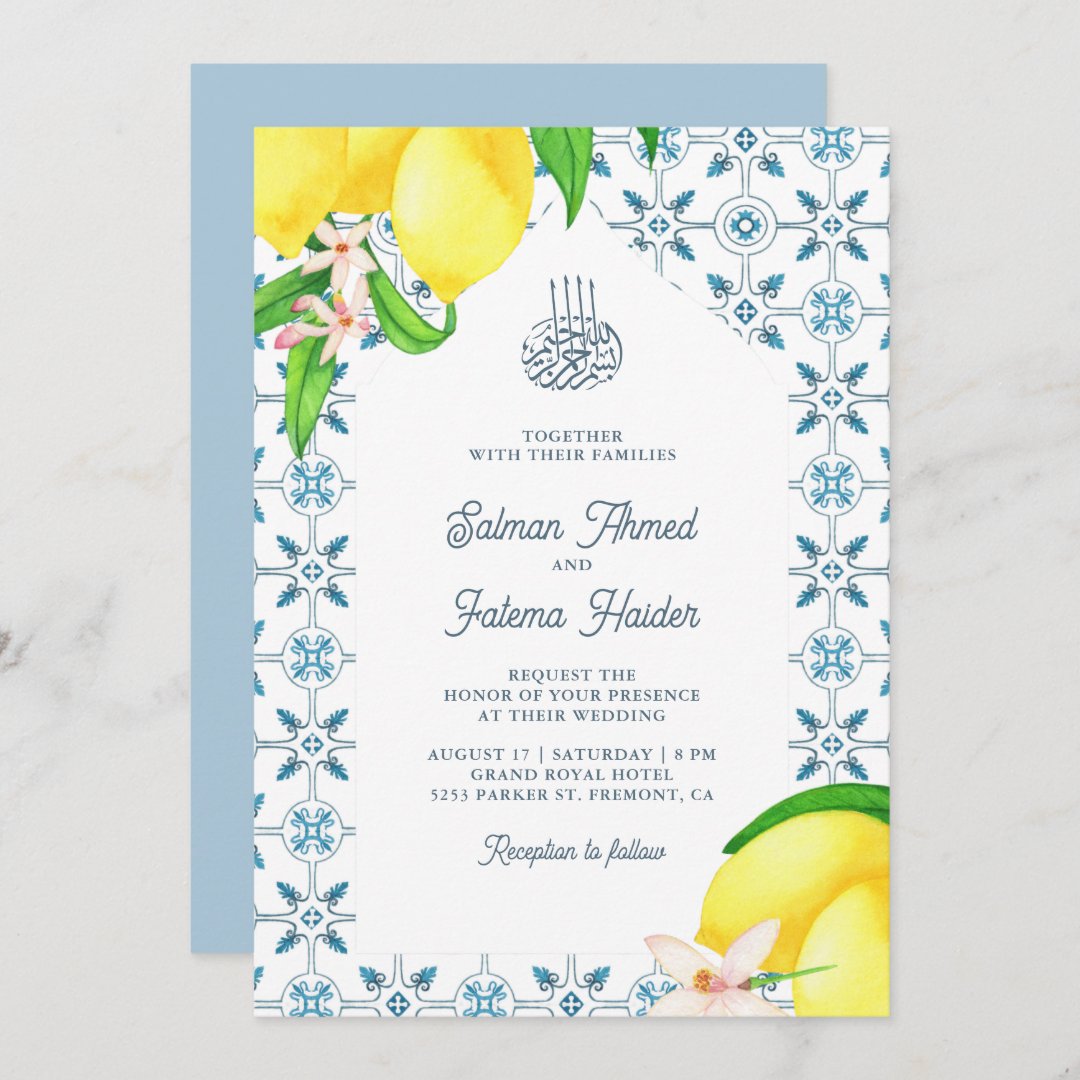 Blue Persian Mosaic Tile Lemon Islamic Wedding Invitation | Zazzle