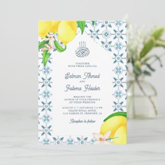Blue Persian Mosaic Tile Lemon Islamic Wedding Invitation | Zazzle