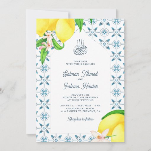 Blue Persian Mosaic Tile Lemon Islamic Wedding Invitation | Zazzle