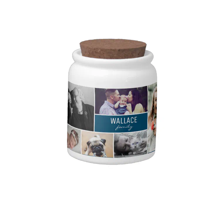 Blue Personalized family photo collage Candy Jar | Zazzle
