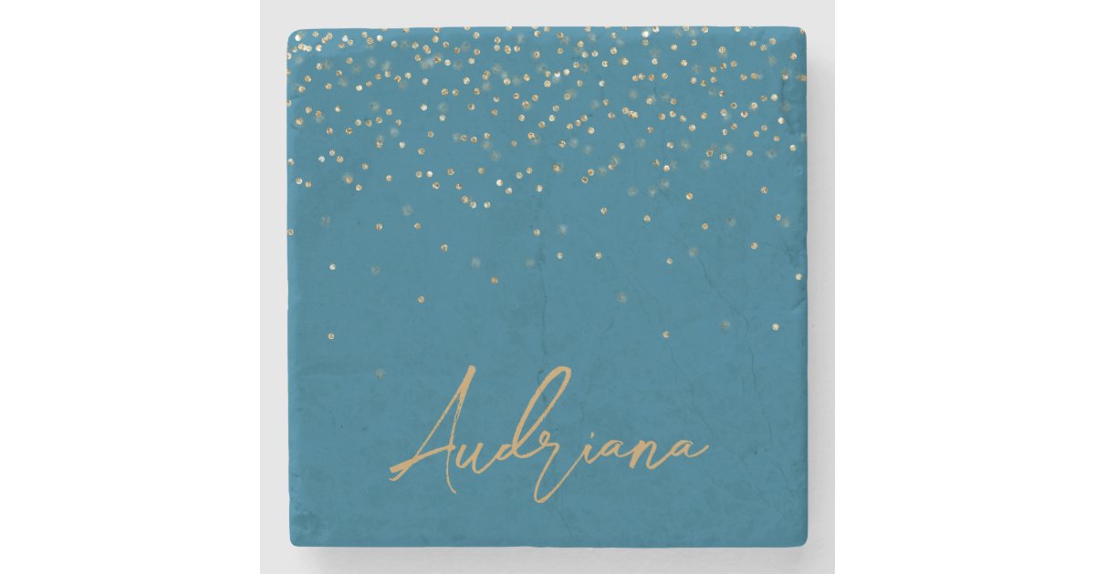 Blue Personalized Gold Name Glitter Sparkle Dots Stone Coaster | Zazzle