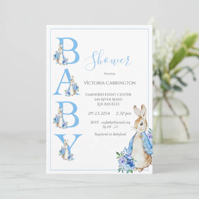 Blue Peter Rabbit with Flowers Baby Shower Invitation | Zazzle