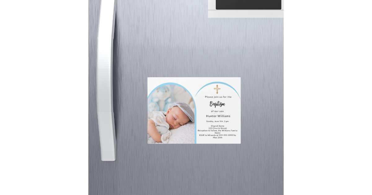 Blue photo arch boy cross Baptism Magnetic Invitation | Zazzle