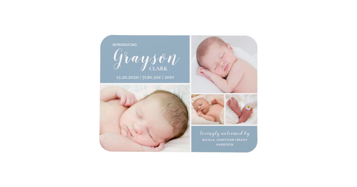 Blue Photo Collage Baby Boy Birth Announcement Magnet | Zazzle