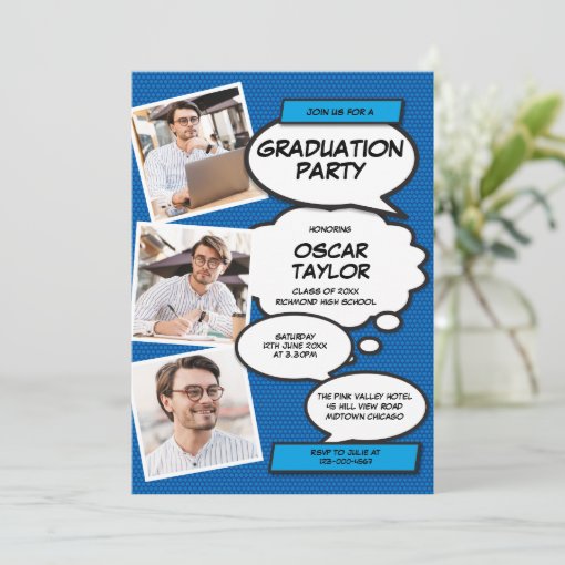 Blue Photo Collage Modern Fun Graduation Party Invitation | Zazzle