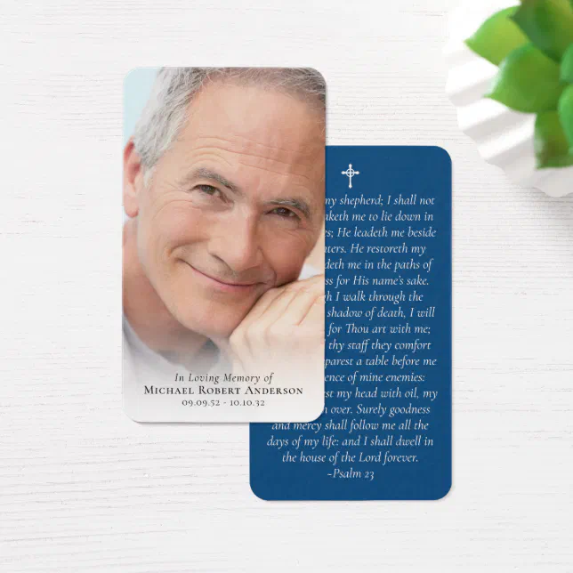 Blue Photo Memorial Prayer Card | Zazzle