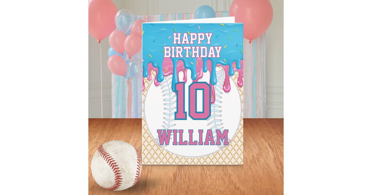 Blue Pink Baseball Drip Any Age Birthday Card | Zazzle