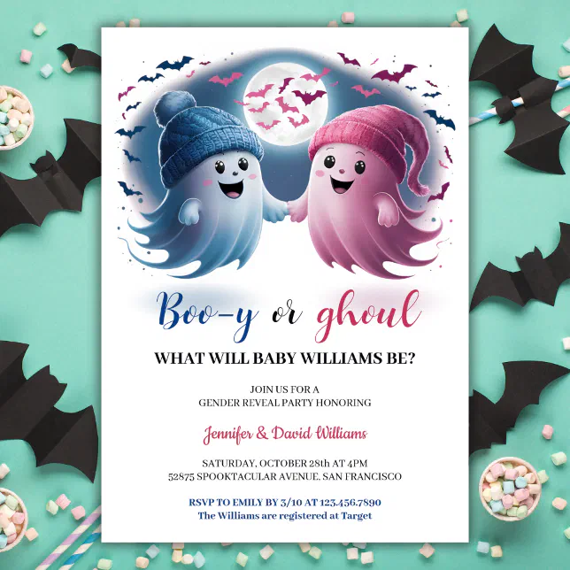 Blue Pink Boo y or Ghoul Halloween Gender Reveal Invitation | Zazzle