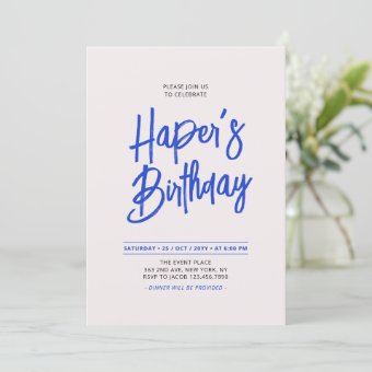 Blue & Pink Chic Lettering Script Birthday Party Invitation | Zazzle