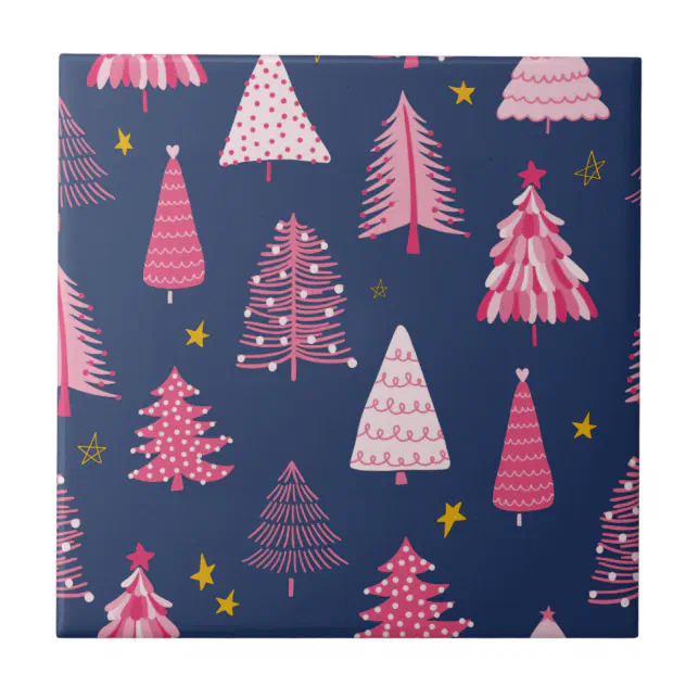 Blue & Pink Christmas Tree Pattern Ceramic Tile | Zazzle