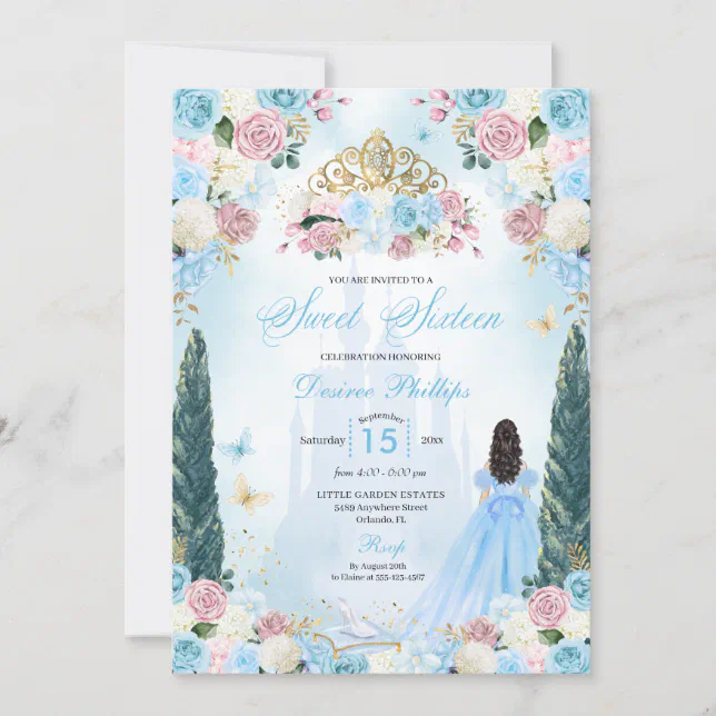 Blue & Pink Cinderella Fairytale Princess Sweet 16 Invitation | Zazzle
