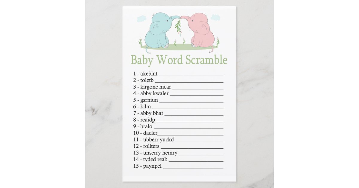 Blue Pink Elephant Baby word scramble game | Zazzle