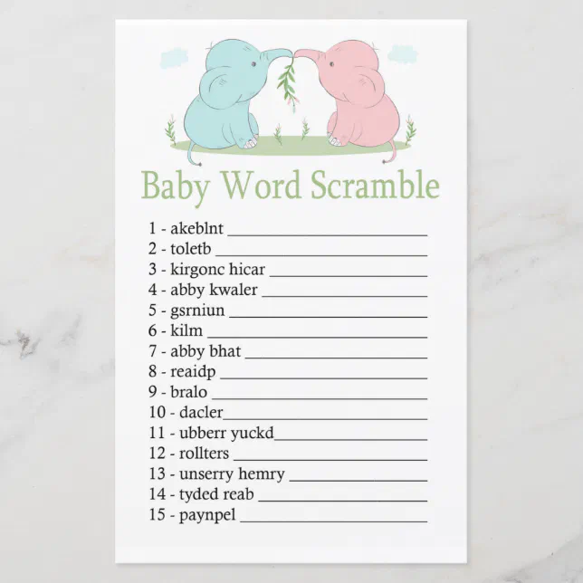 Blue Pink Elephant Baby word scramble game | Zazzle