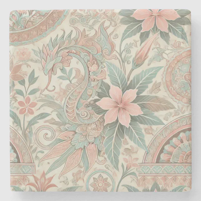 Blue Pink Floral Boho Indonesian Batik Watercolor Stone Coaster | Zazzle