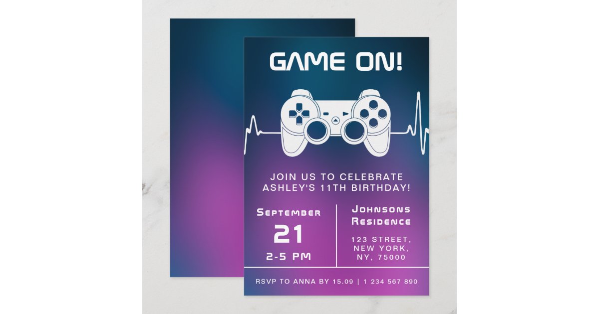 Blue Pink Gradient Video Gamer Gaming Kid Birthday Invitation | Zazzle
