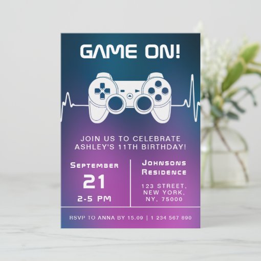 Blue Pink Gradient Video Gamer Gaming Kid Birthday Invitation | Zazzle
