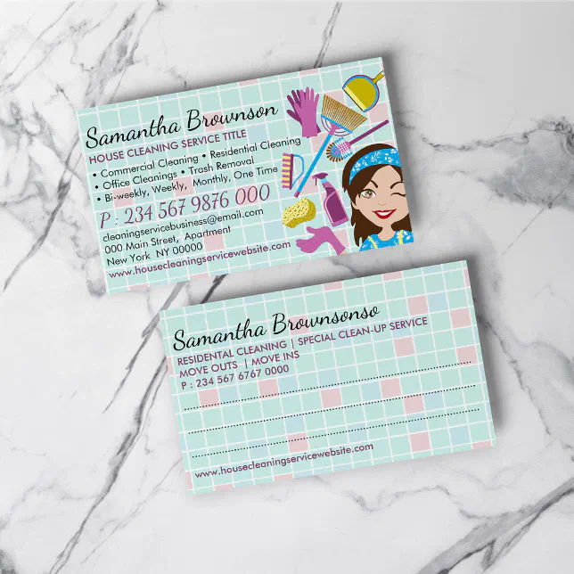 Blue Pink Janitorial Lady Cleaning Appointment Business Card | Zazzle