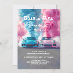 Blue Pink Smoke Race Car Burnouts Gender Reveal Invitation | Zazzle
