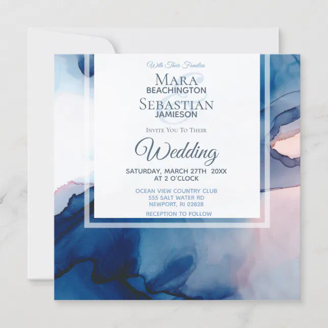 ~ Blue & Pink Watercolor Elegant Trendy Wedding Invitation | Zazzle